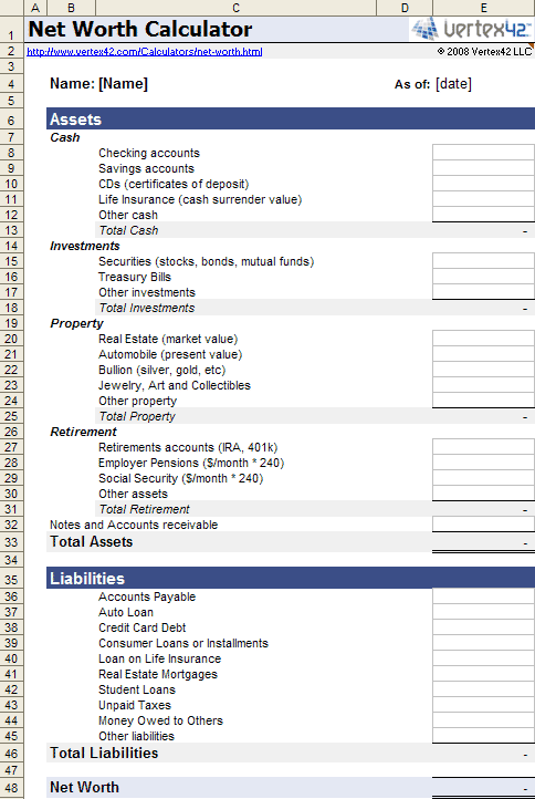 Net Worth Calculator For Excel