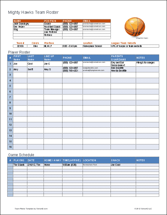 Basketball Team Roster Template For Excel