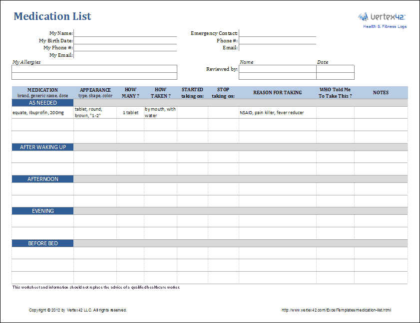 Medication List Template For Excel