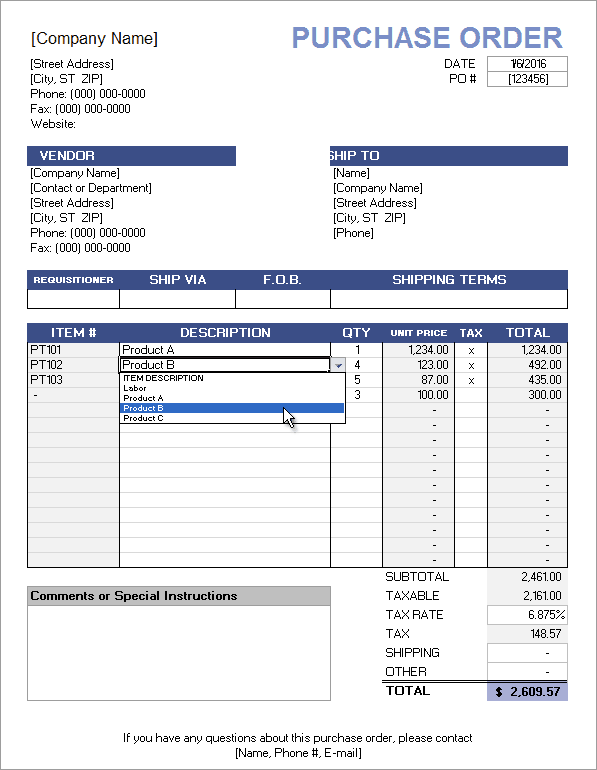 Free Purchase Order Template With Price List