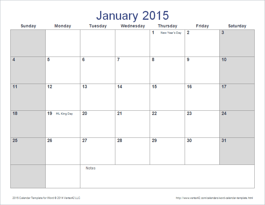 Word Calendar Template For 2015 And Beyond