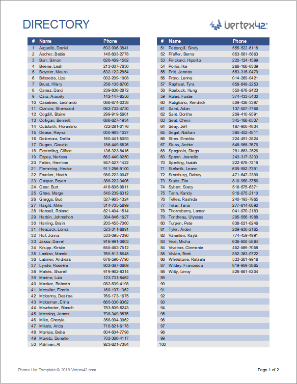 Phone List Template Excel