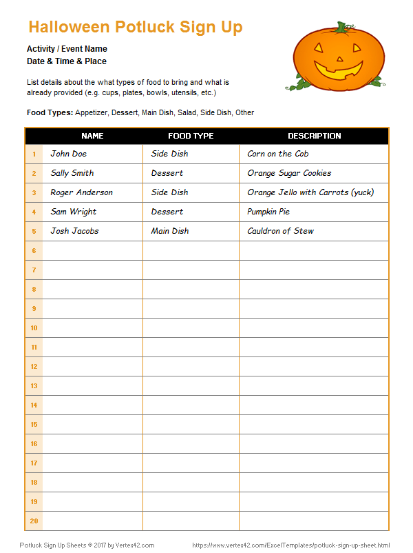 Potluck Sign Up Sheets For Excel And Google Sheets