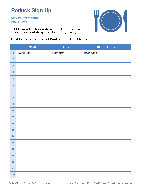 Potluck Sign Up Sheets For Excel And Google Sheets
