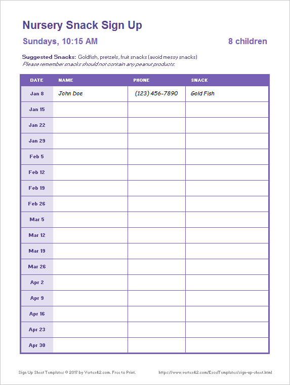 Sign Up Sheets Potluck Sign Up Sheet