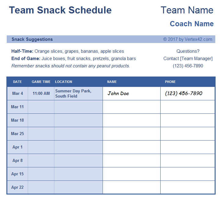 Sign Up Sheets Potluck Sign Up Sheet