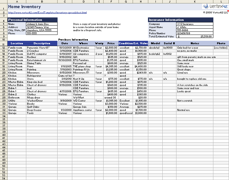 Insurance Itemized List Of Household Items MS Excel Templates