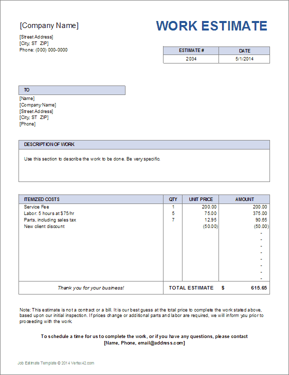 Price Estimate Template Database