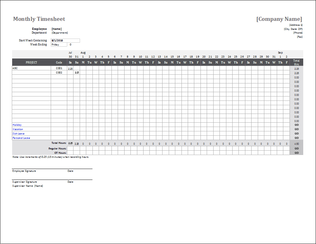 Monthly Timesheet Template For Excel