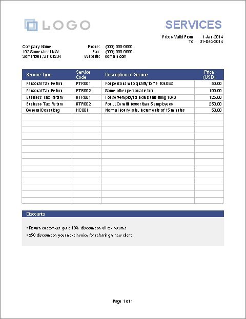 Printable Price List Template For Excel