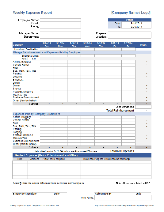 Weekly Expense Report For Excel