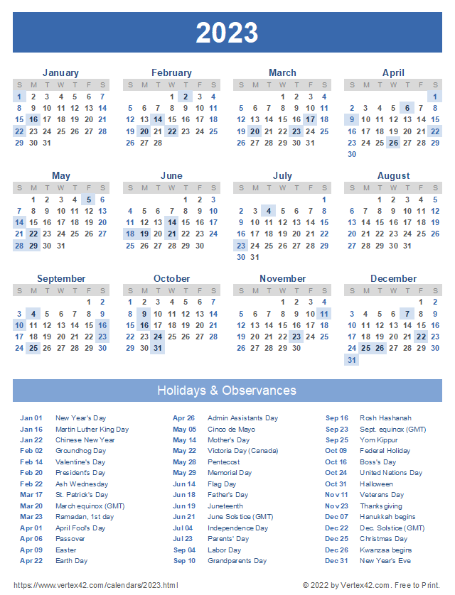 Vertex42 Calendar 2023 Customize And Print