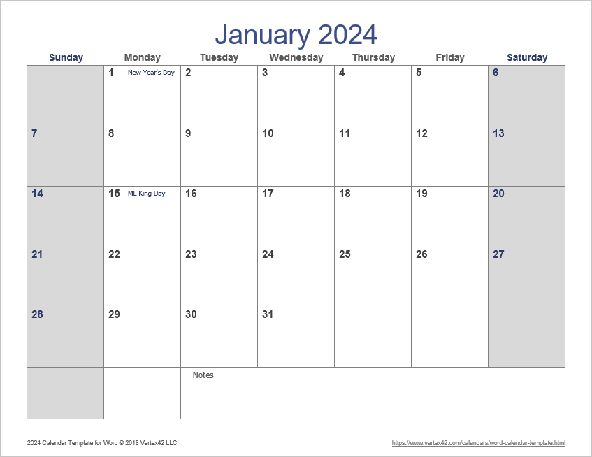 Word Calendar Template for 2016, 2017 and Beyond