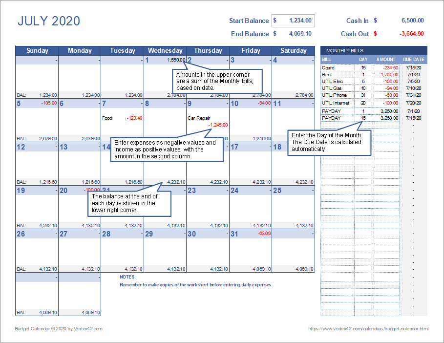Monthly Budget Calendar Template