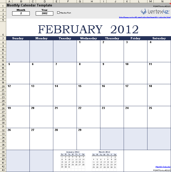 Monthly Calendar Template for Excel and Sheets