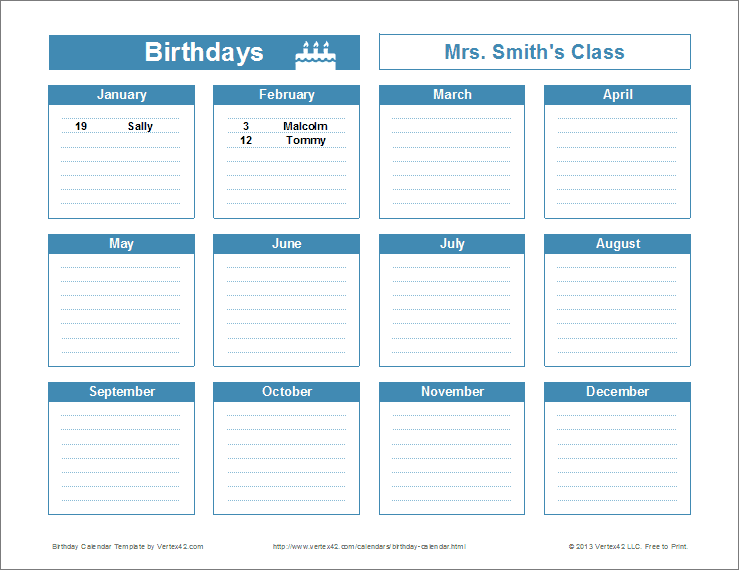 Birthday Reminder Calendar Template Printable