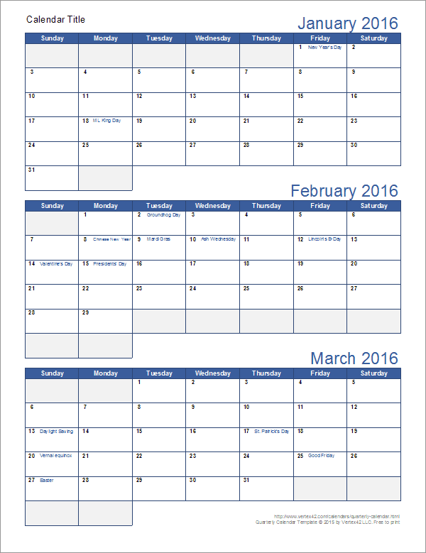 Quarterly Calendar Template
